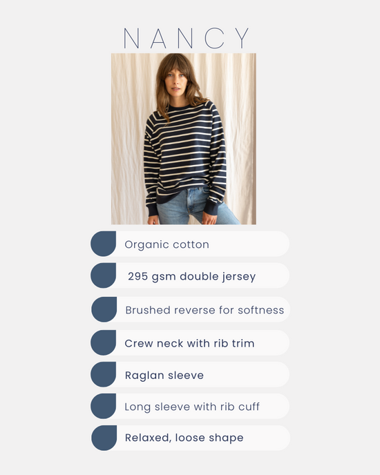 Nancy Women's Organic Cotton Heavyweight Jersey Navy Breton Top | Ivy ...